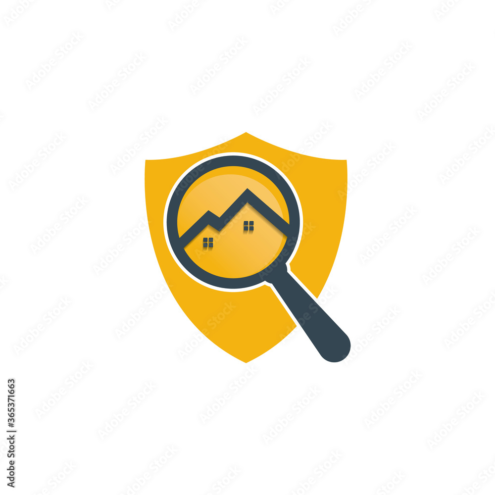 Finding Home Logo Design yellow shield vector. Magnifying Glass House ...