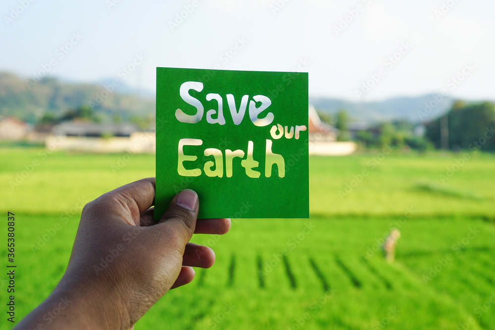 Hand holding word save our earth with green rice field and sky ...