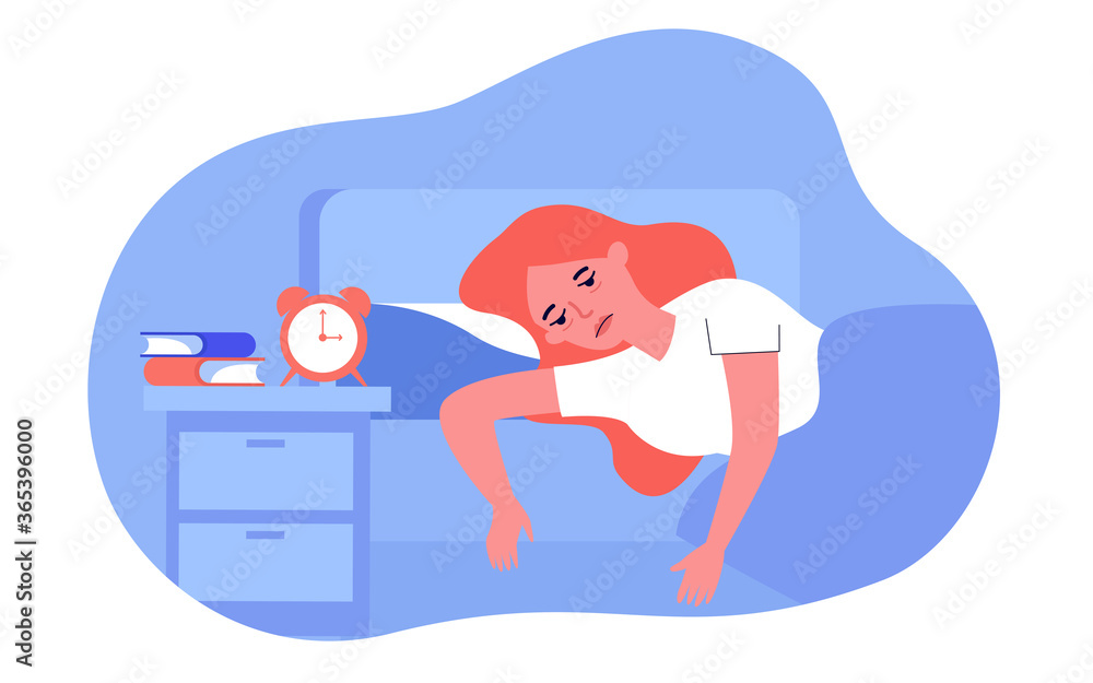 Sleepless woman lying in bed with fatigue isolated flat vector ...
