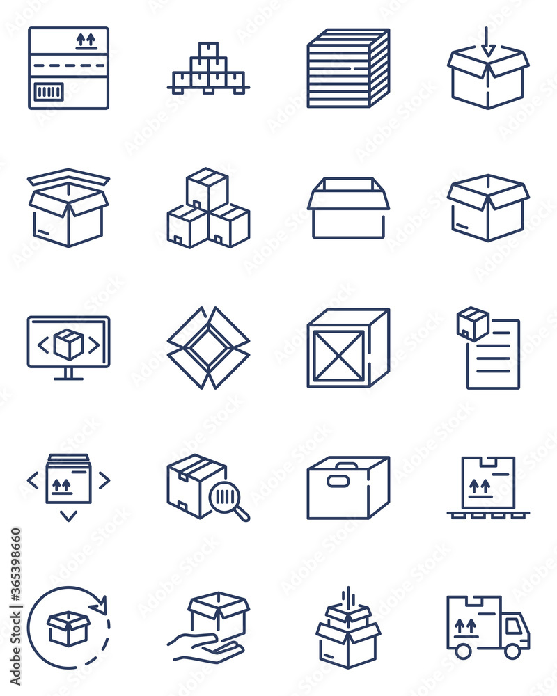 Packaging line icons set. Cardboard boxes, open parcels, containers ...