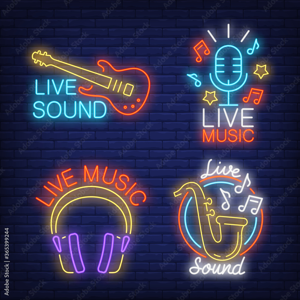 Live music neon signs set with guitar, microphone and headphones ...