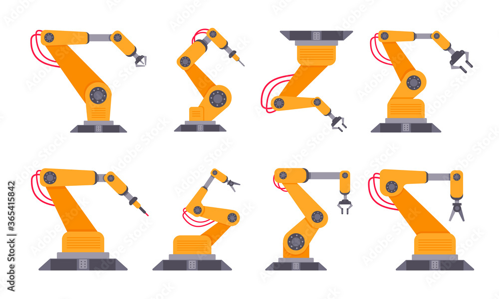 Robotic arm set flat style design vector illustration isolated on white ...