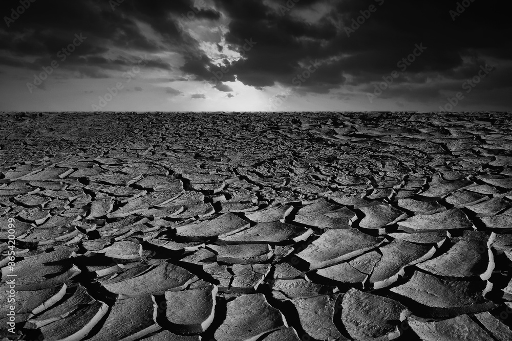 Cracked dry land without water and sky background for Global warming ...