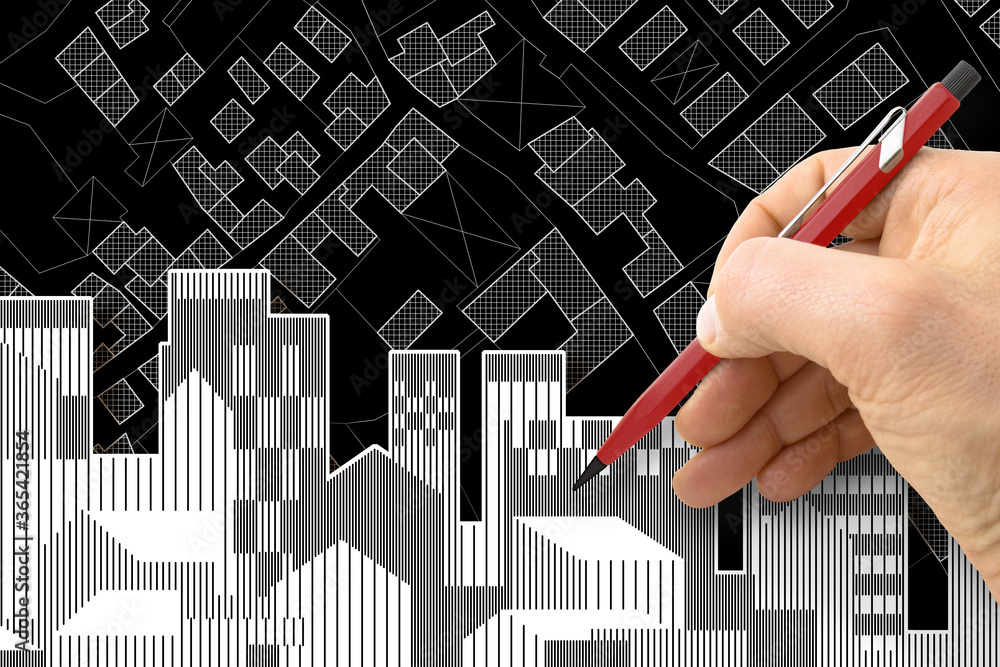 Architect or Engineer drawing a residential building over an imaginary ...