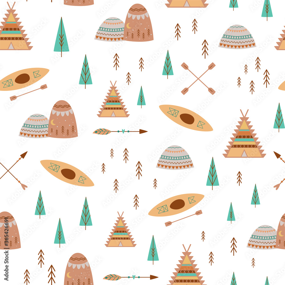 Mountain, trees, camp pattern in cute boho style teepee tent, kayak ...