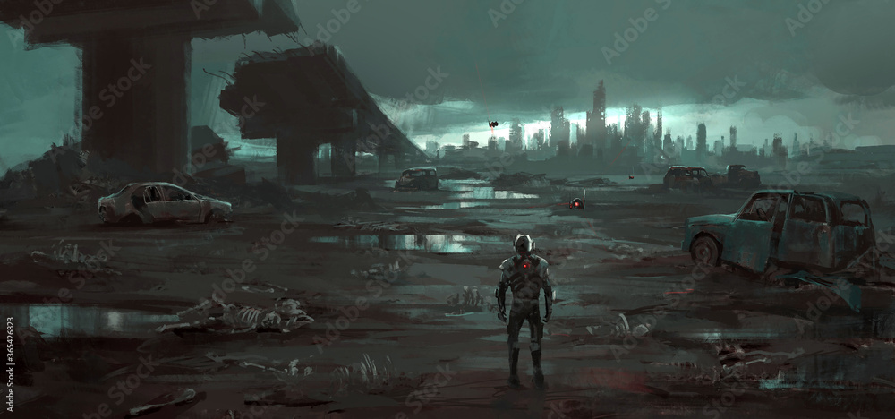 Humans return to the destroyed earth, digital painting. Stock ...