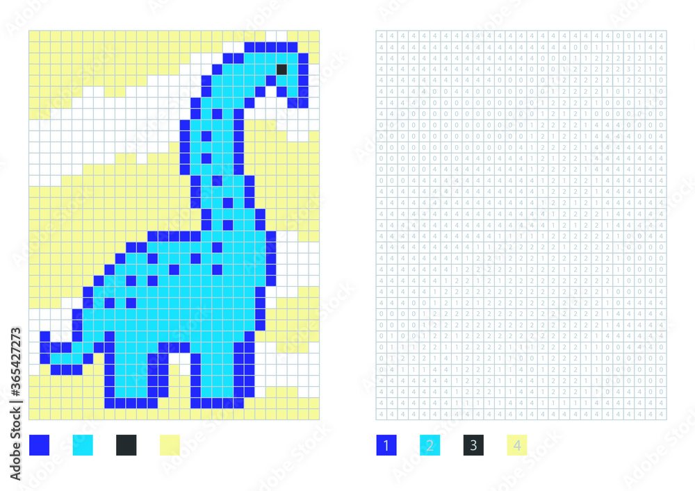 Pixel dinosaur cartoon in the coloring page with numbered squares ...