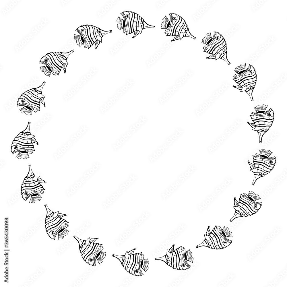 Round frame with black-and-white sea fish on white background. Chelmon ...