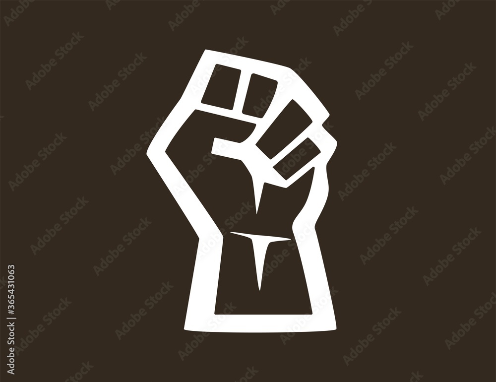 Black silhouette of a male rising fist on a white background with white ...