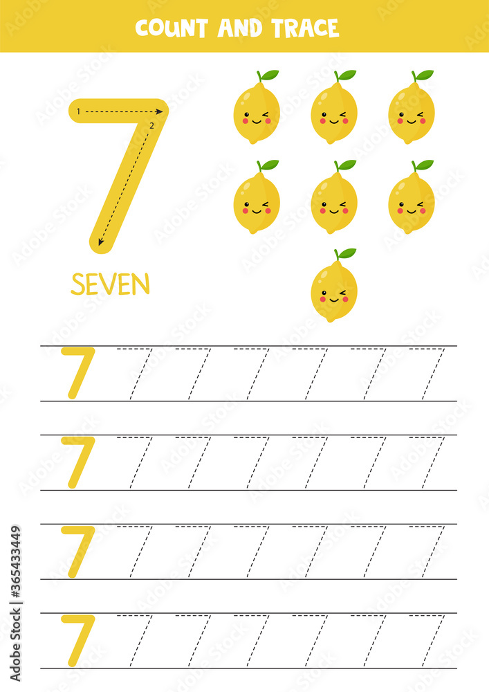 Worksheet for kids. Seven cute cartoon kawaii lemons. Tracing number 7 ...