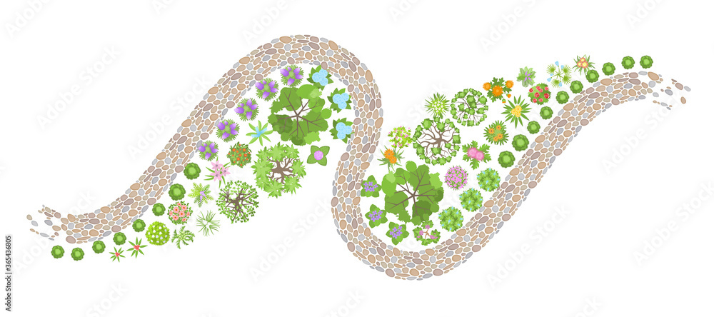Landscape design. Top view. Path and flower beds. View from above ...
