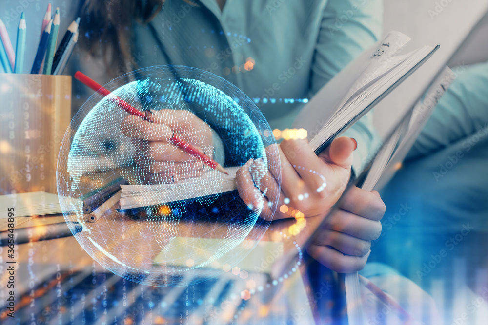 Multi exposure of hands making notes with world map hologram and data ...