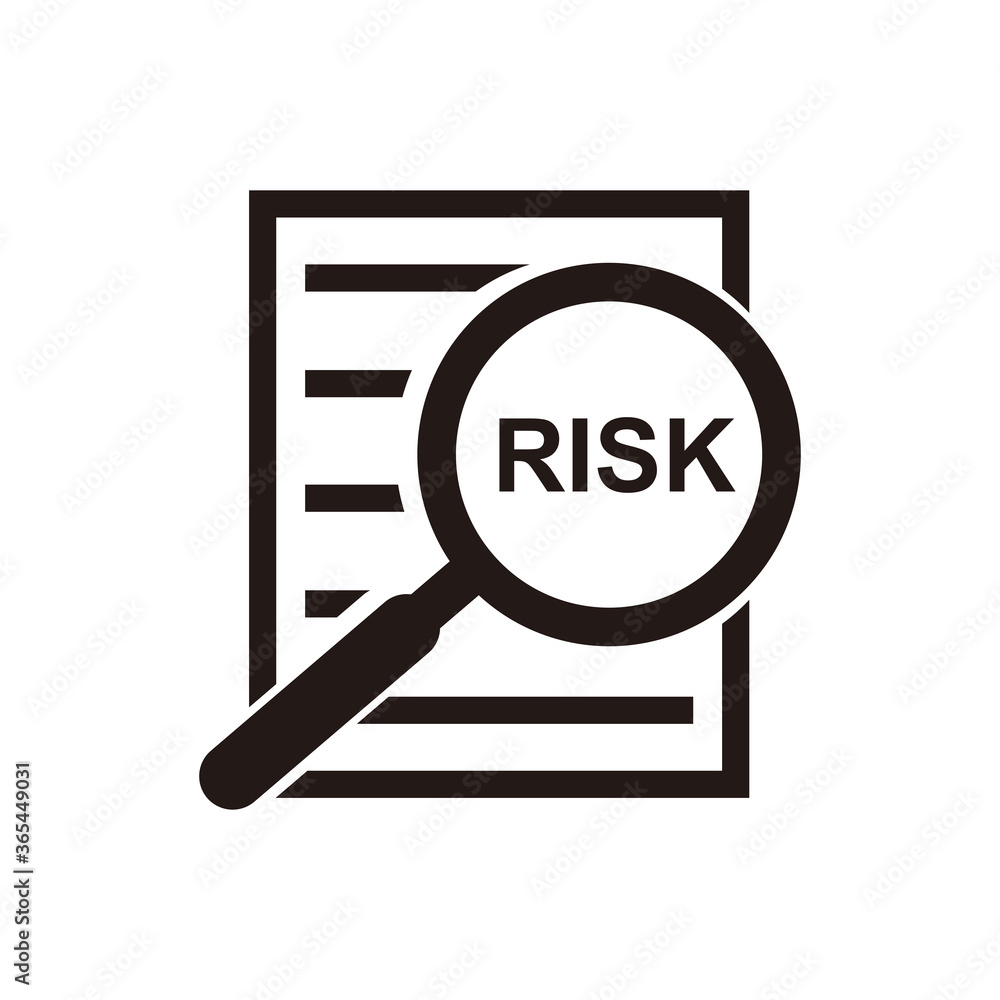 Risk Word Magnifying Glass vector icon in black flat design on white ...