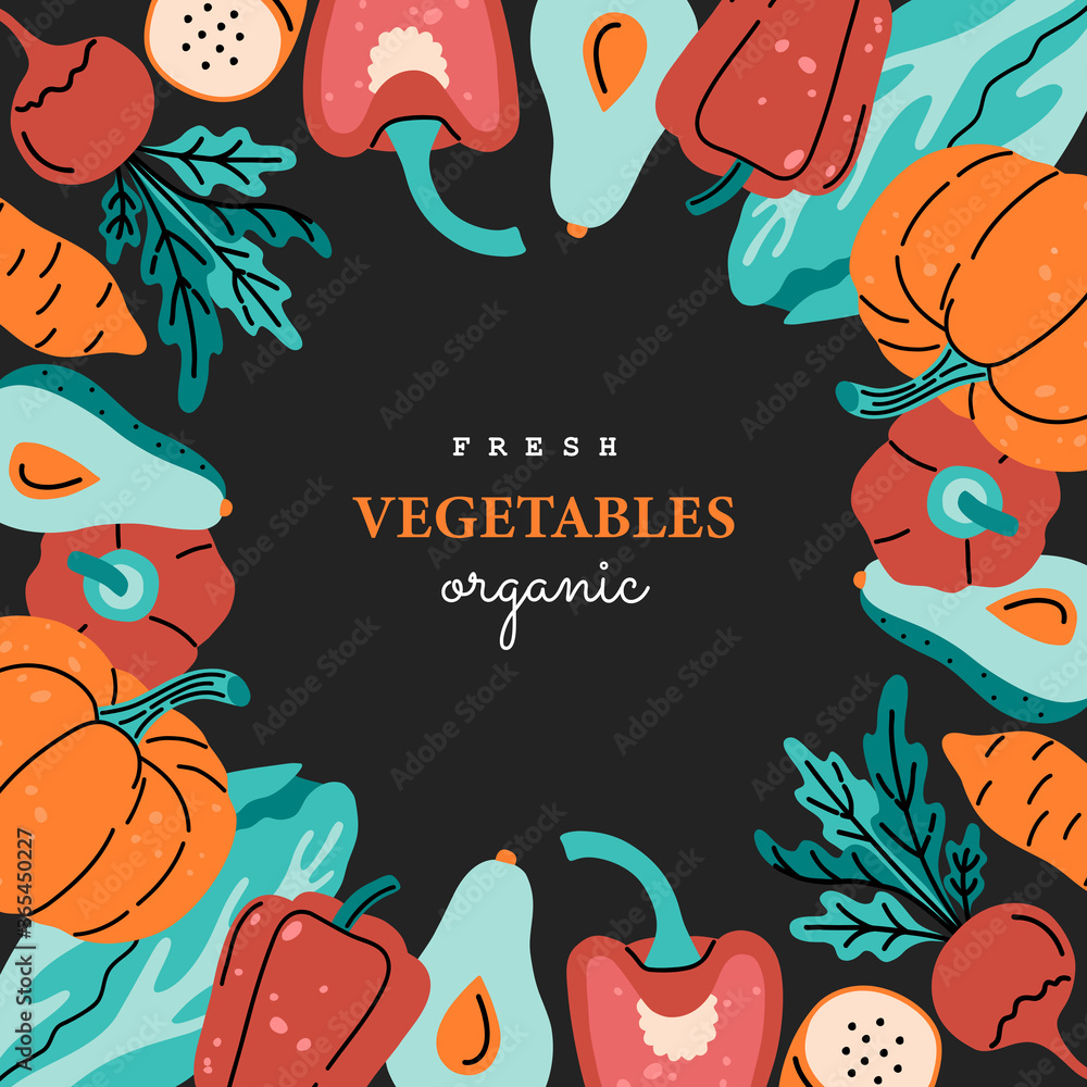 Fresh vegetables, color greeting card frame, template for posters ...