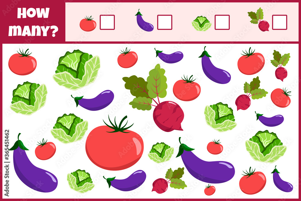 Educational mathematical game. Count the number of vegetables. Count ...