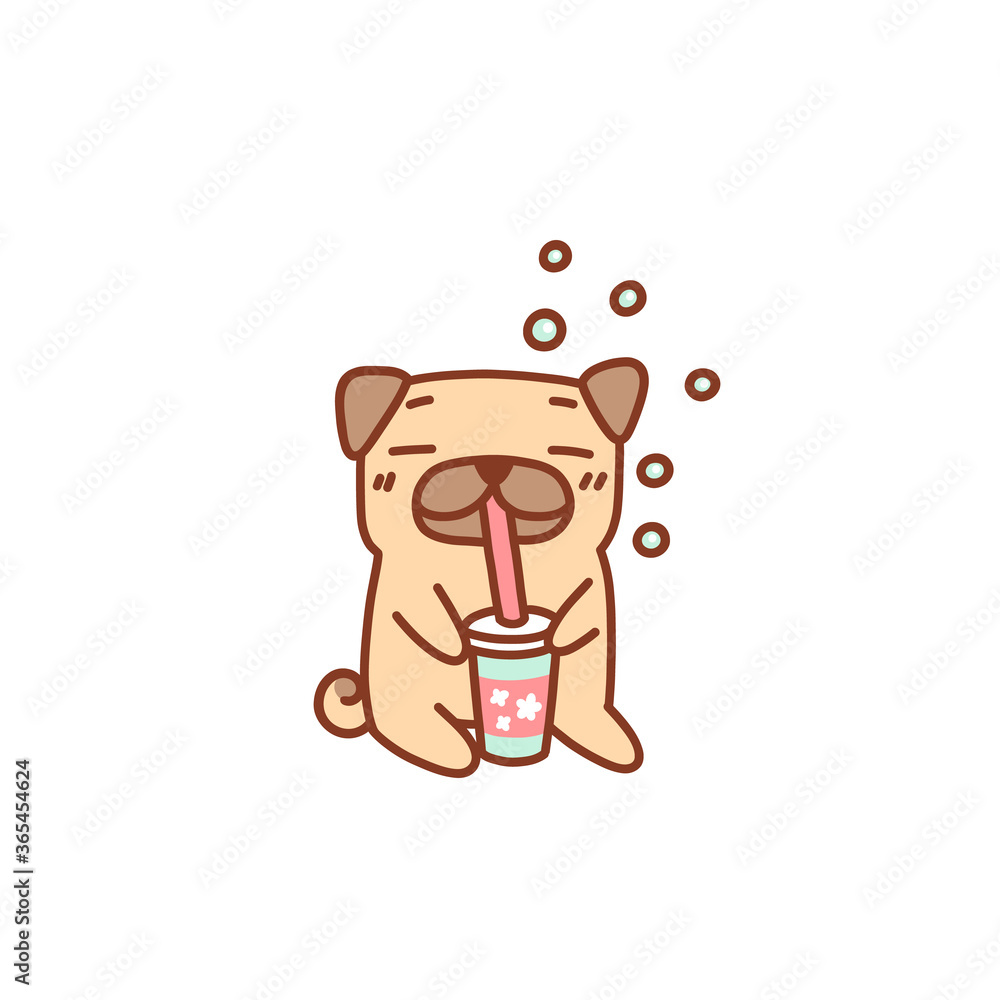 Cute pug dog enjoys refreshing soda drink. It can be used for menu ...