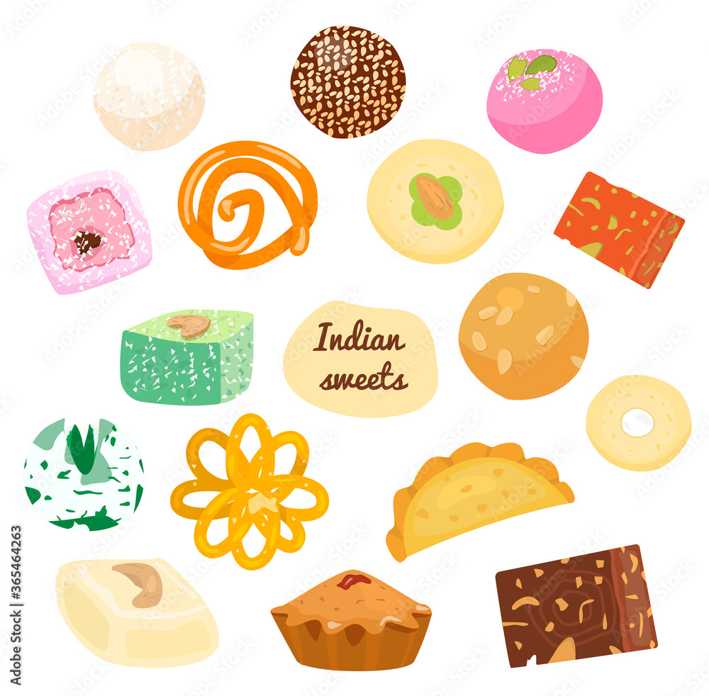 Vector set of traditional Indian sweets. Laddu, gujiya, sandesh, gulab ...
