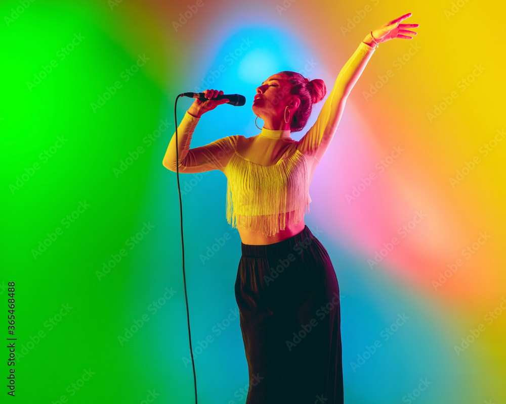 Bright mood. Young female caucasian inspired and expressive musician ...