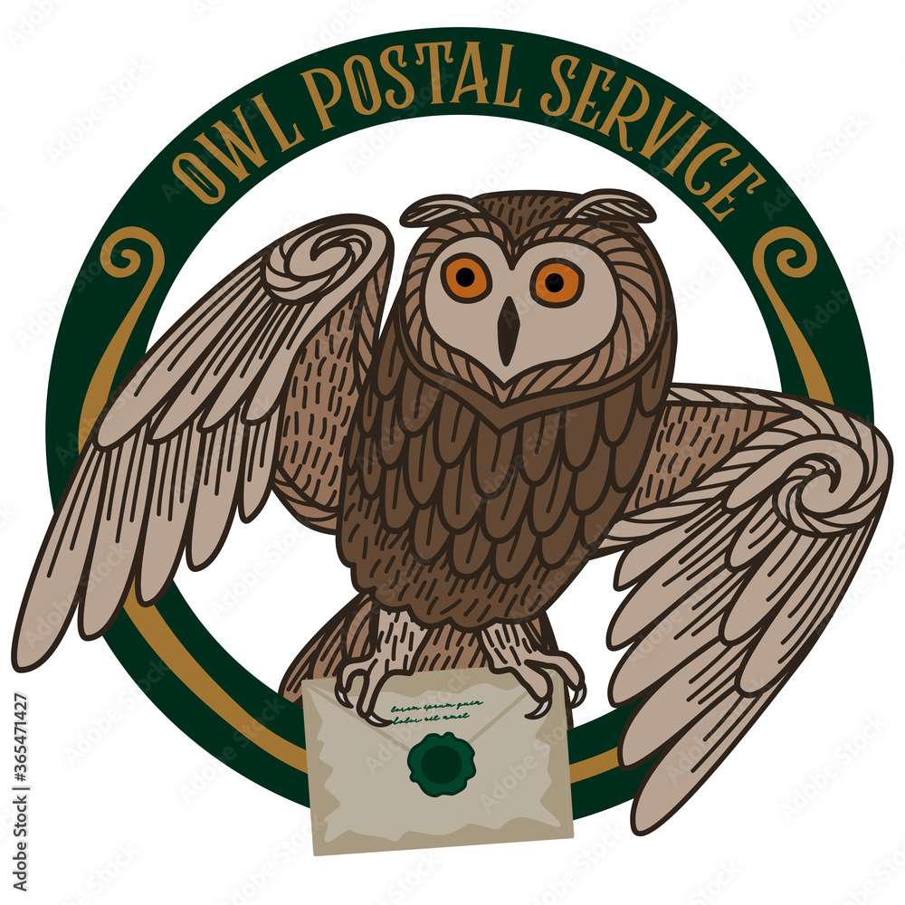 Card with an owl carrying a letter on a round frame on a white ...