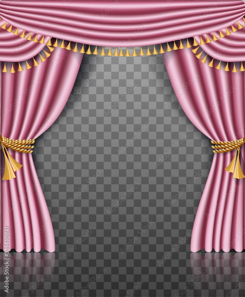 3d realistic vector pink curtain frame with golden decorations on ...