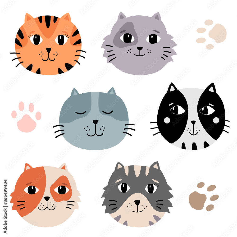 Set of cats faces, portraits of pets. Cute cartoon illustration for ...