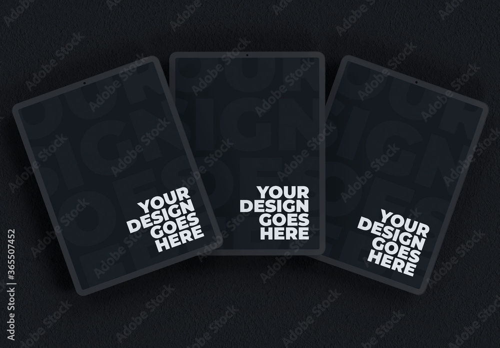 Palette of Dark Vertical Tablets Mockup with Flat Lay Composition Stock ...