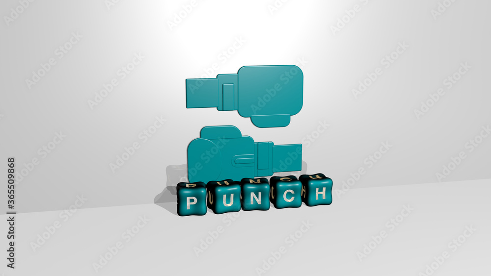 3D illustration of punch graphics and text made by metallic dice ...