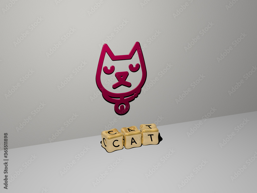 3D illustration of cat graphics and text made by metallic dice letters ...