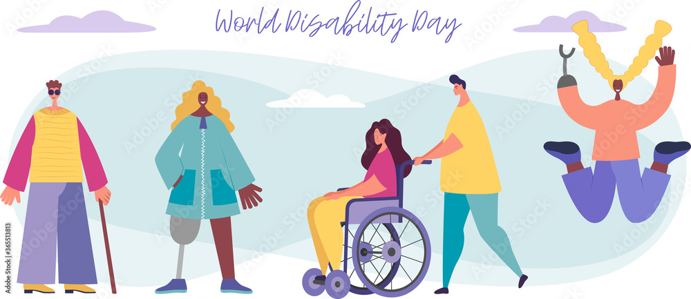 Vector background with disabled people, young handycap persons and ...