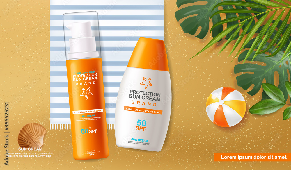 Sun cream bottle 3d realistic isolated, sea background, tropical banner ...