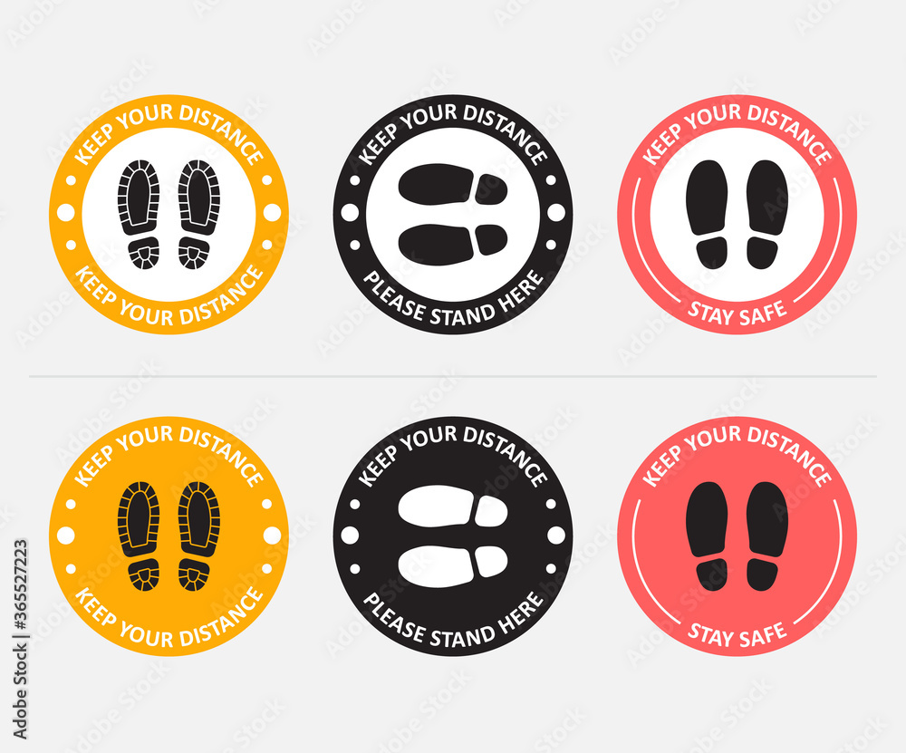 Set of footprint signs with caution text. Keep your safe distance and ...