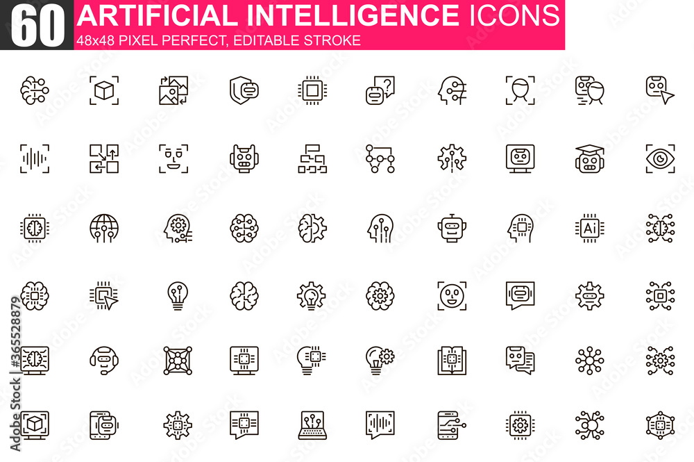 Artificial intelligence thin line icon set. Machine learning outline ...
