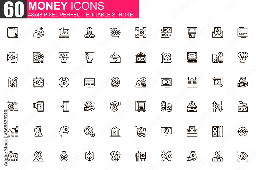 Money thin line icon set. Money management and saving outline ...