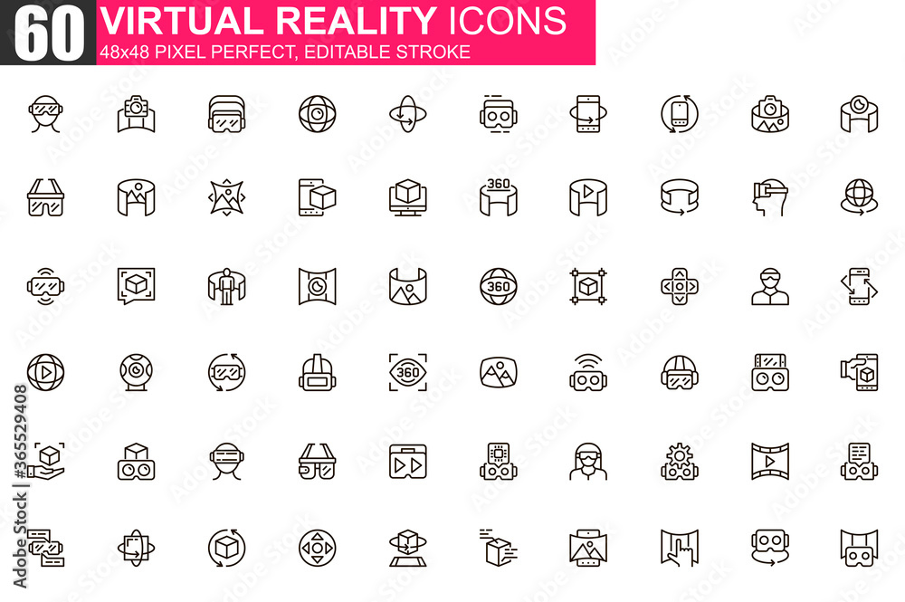 Virtual reality thin line icon set. 3d simulation and computer vision ...