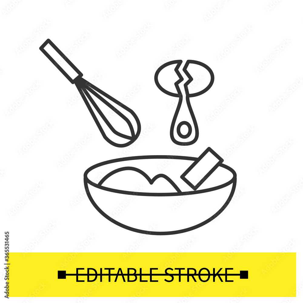 Dough mix icon. Whisking egg and butter with donuts dry ingredient ...