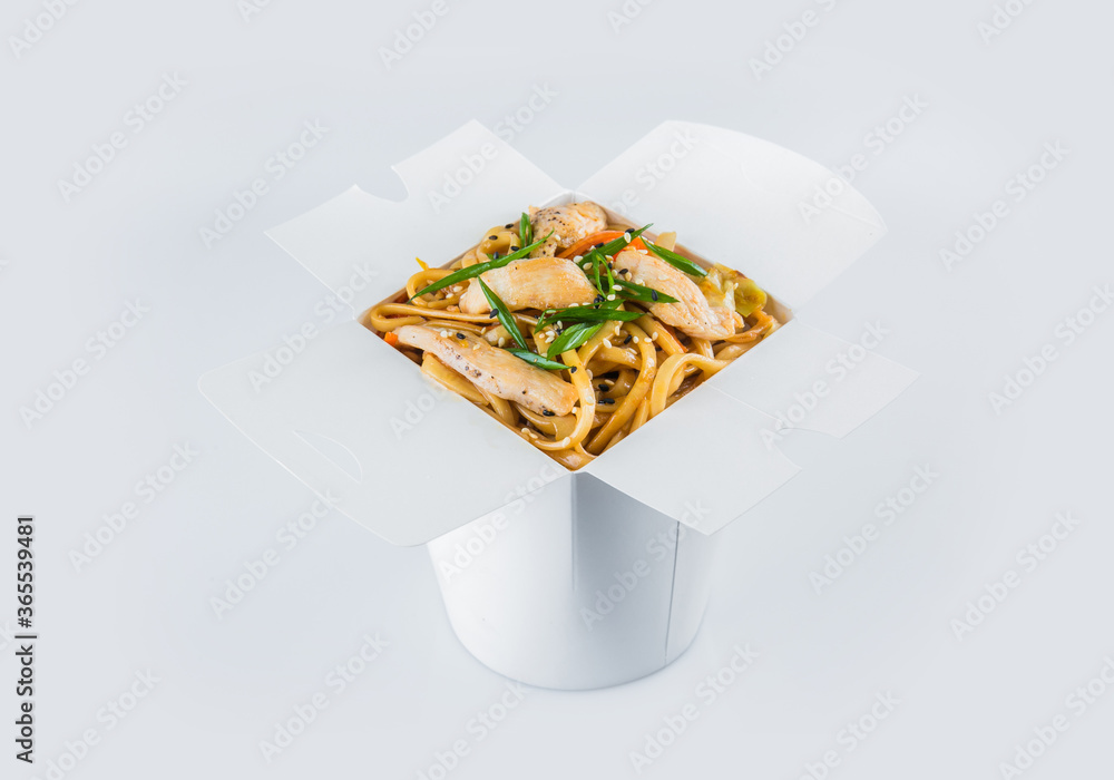 Isolated Asian Udon Wheat Noodles with chicken fillet, vegetables, soy ...