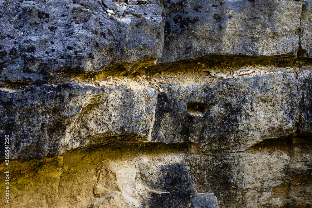 Dark black dirty limestone rock wall. Texture nature background. Steep ...