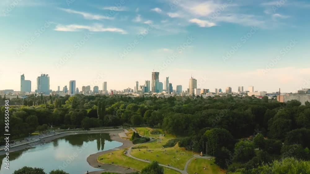 Pole Mokotowskie Warsaw Park field with lake and city aerial view Stock ...