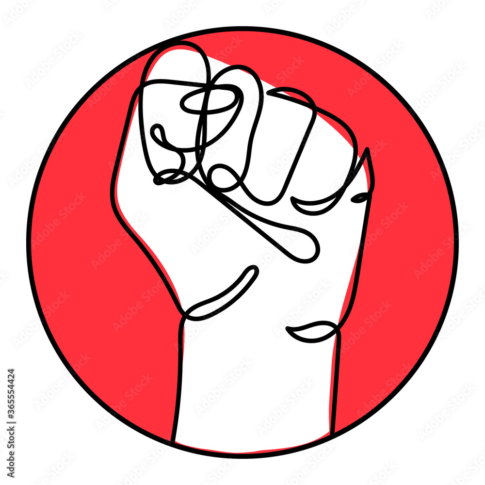 Continuous line drawing of strong fist raised up in red cicrle. Human ...