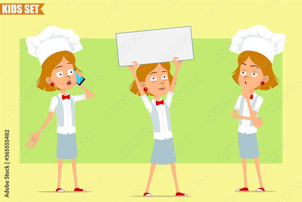 Cartoon flat funny little chef cook girl character in white uniform and ...