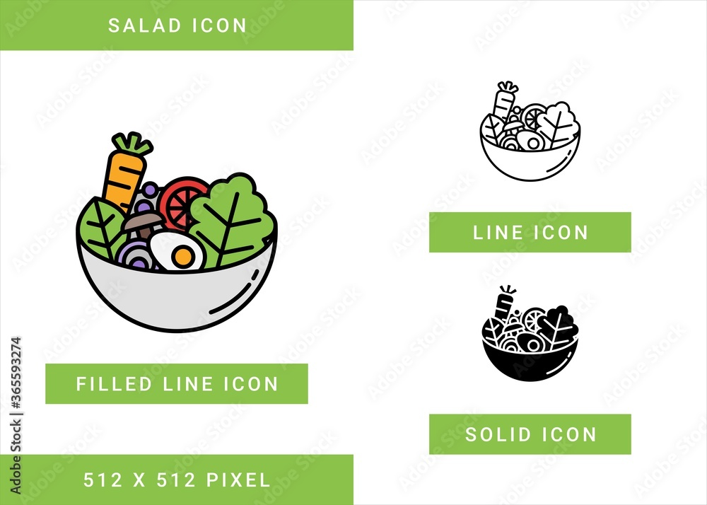 Salad icons set vector illustration with solid icon line style. Healthy ...