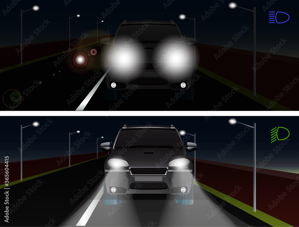Vector illustration of car's high beam vs low beam at night vector de ...