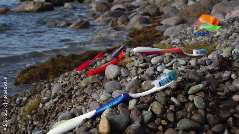 Vídeo do Stock: Old used discarded toothbrush in a seashore. Trash in ...