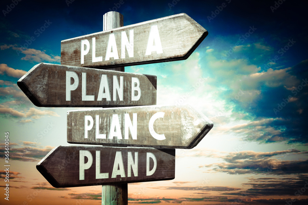 Plan A, B, C, D - wooden signpost, roadsign with four arrows Stock ...