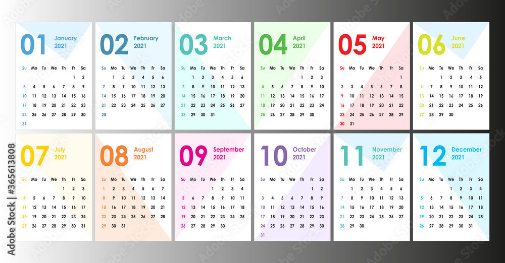 Colorful calendar for 2021. Simple and clean appearance. Geometric ...