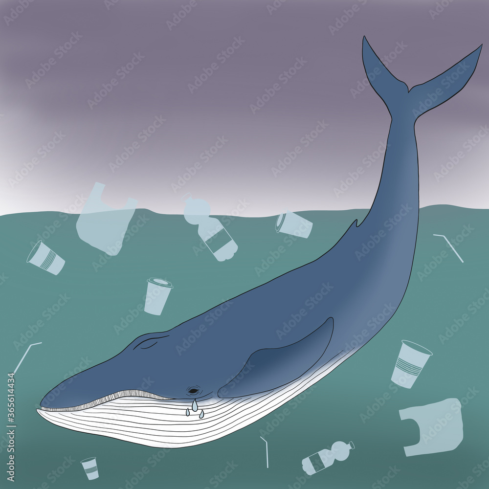 Stop ocean plastic pollution. Illustration of whale swims through ...