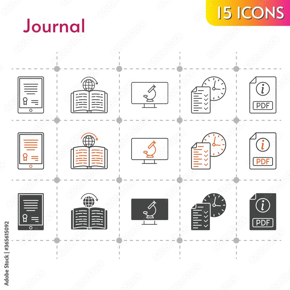 journal icon set. included tablet, pdf, test, learning, microscope ...