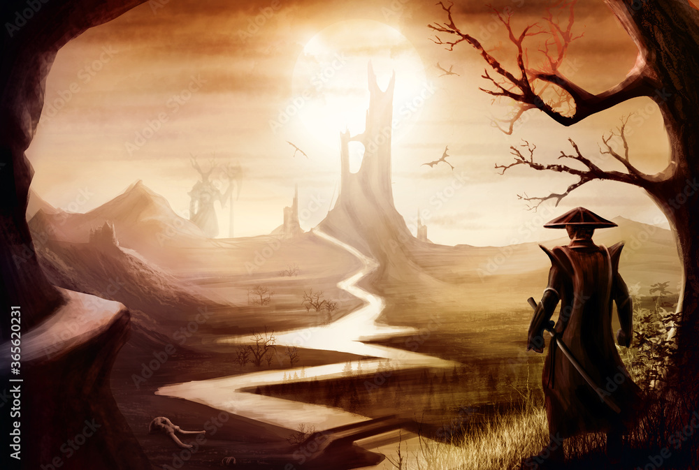 Samurai with a sword standing near a tree, on background of valley and ...