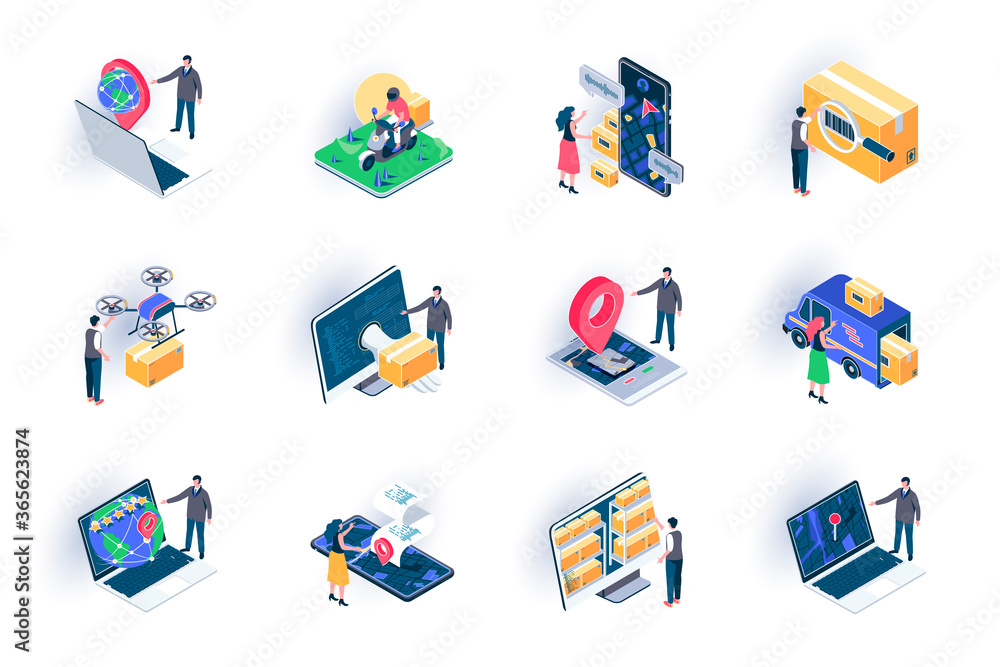 Delivery service isometric icons set. Global logistics, warehousing and ...
