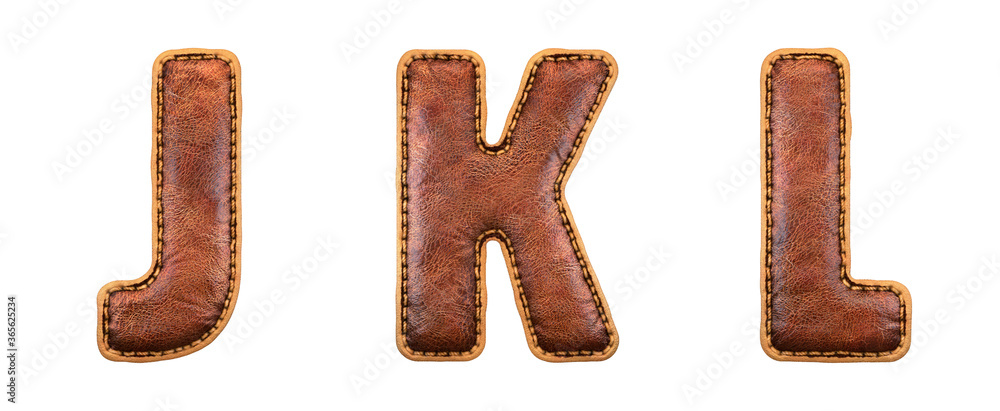 Set of leather letters J, K, L uppercase. 3D render font with skin ...
